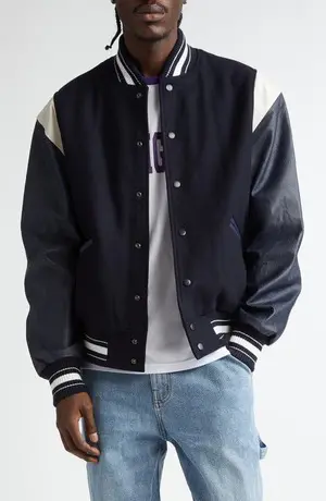 Noon Goons Sayonara Mixed Media Varsity Jacket In Dark Navy - 73